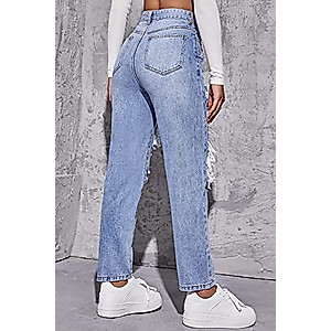 LINUMIN Women's High Waist Straight Leg Ripped Jeans Distressed Denim Pants (Blue, XL)