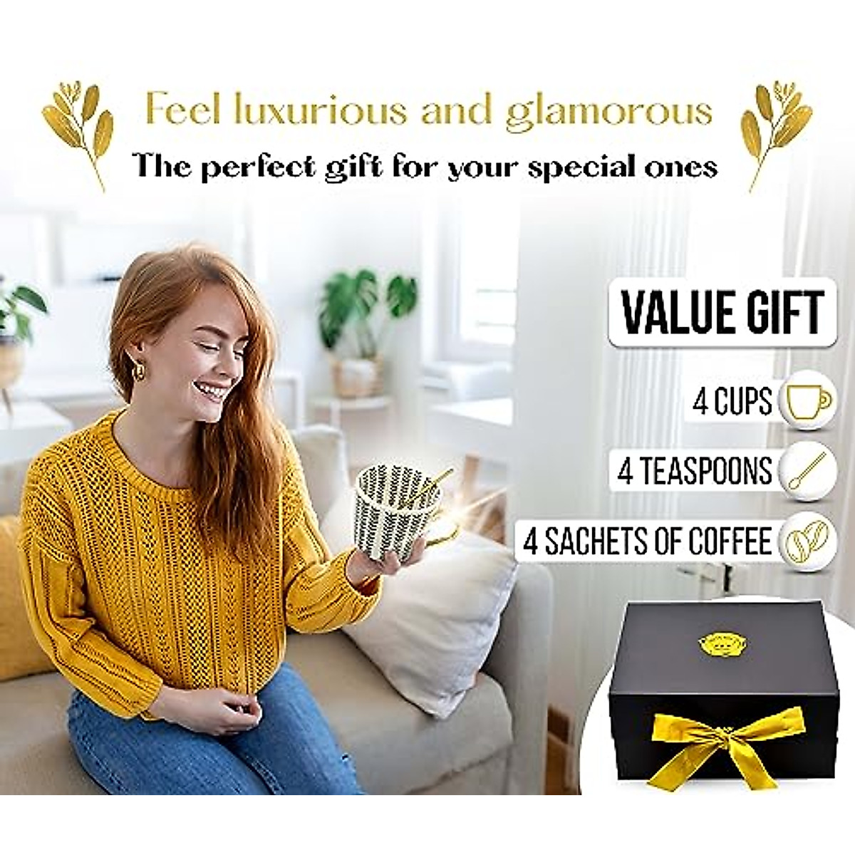 Monarca Set of 4 Mugs with Gold Tea Spoons, Ceramic with Real Gold Plated Handle, Aesthetic, Hand Painted 12 oz Elegance Colors Black, White and Gold