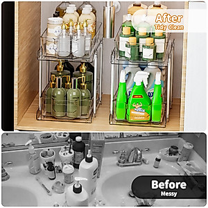 2 Pack Bathroom Cabinet Organizer,Clear 2 Tier Pull Out Under Sink Organizers and Storage,14.8 L*9.5 W*12.8 Tall Slide Out Kitchen Pantry Medicine Organization and Storage Shelves Bins with Dividers
