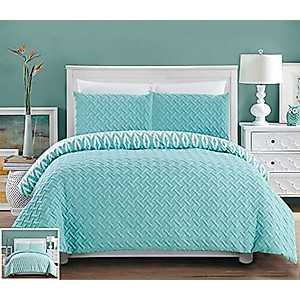 Chic Home 3 Piece Ora Heavy Embossed and Embroidered Quilted Geometrical Pattern Reversible Printed King Comforter Set Aqua