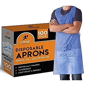 Xpose Safety Plastic Disposable Aprons - Individually Packaged Durable 1 mil 24" x 42" (100, Blue)