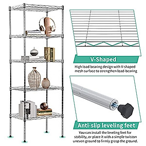 XXkseh 5 Tier Storage Shelves Wire Shelving Unit Adjustable Metal Shelf Heavy Duty Garage Storage Rack Wire Shelves Display Rack for Laundry Livingroom Kitchen, 16.7" L×11.8" W×47.6" H, Chrome