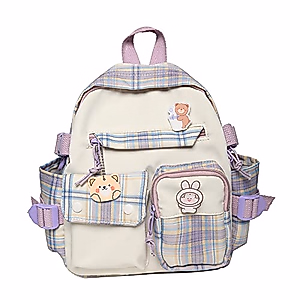 NCDUANSAN Kawaii Schoolbag Student Backpack Plaid Casual Nylon Fresh and Sweet Cute Girl Portable Backpack with Pendant(Purple)