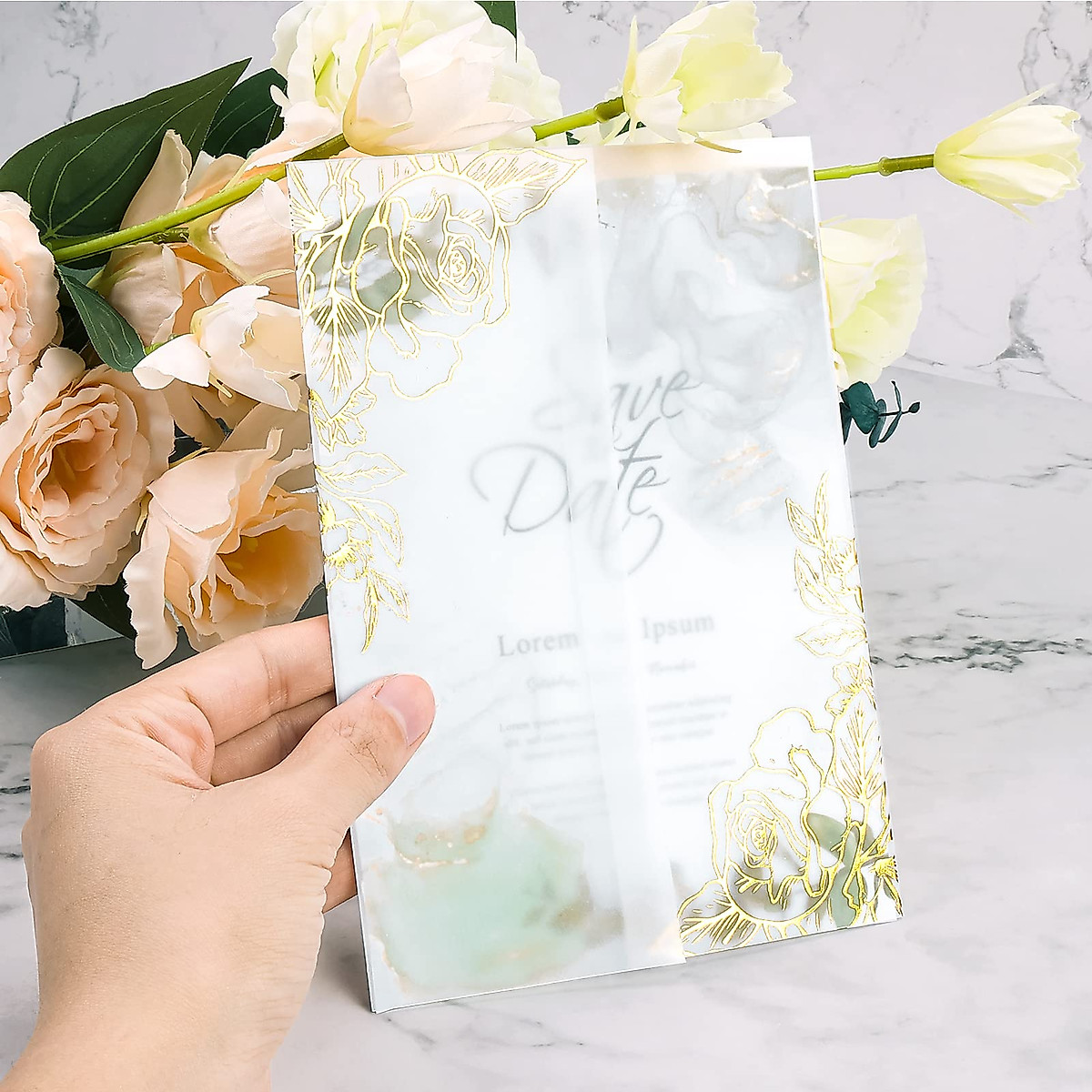 Ayfjovs 120 Pack Luxury Gold Foil Floral Vellum Paper Wedding Invitation Paper for 5x7 Invitations, Vellum Jackets for 5x7 Invitations, Transparent Vellum Wrap for Wedding Baby Shower Birthday