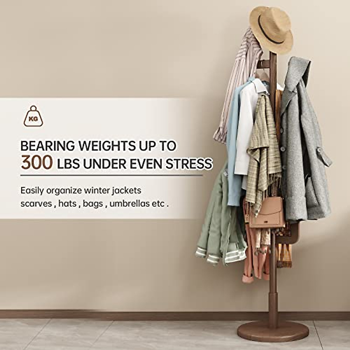 KASLANDI Coat Rack,Unique Design Cactus Coat Rack Freestanding，FAS Grade Rubber Wood,Adjustable Height Wooden Coat Rack Stand with 6 Hooks, Coat Tree Easy to Assemble (Walnut)