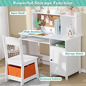 Kid's Study Desk and Chair Set for Boys & Girls – Wooden Ergonomic Design, Includes Built-In Chair Storage Bins & Bookshelf Organizer & Cork Bulletion Board, for Children Studying, Writing, Drawing