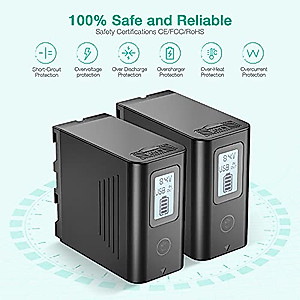 FirstPower NP-F970 Battery 2-Pack with USB Output LCD Display, Compatible with Sony Handycam Video Light Monitor, Replacement for Sony NP F980 F970 F975 F960 F950 F930 F750 F550 Battery