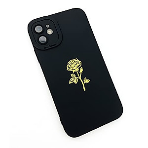 Qokey for iPhone 11 Case(2019 6.1"), Cute Plated Rose Gold Flower with Anti-Fall Lens Cameras Cover Shell, Soft TPU Shockproof Anti-Fingerprint Phone Protection Cases for Women Girls Men,Black
