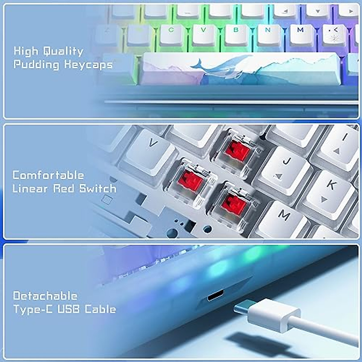 Womier WK61 60% Keyboard, Hot-Swappable Keyboard Ultra-Compact RGB Gaming Mechanical Keyboard w/Pudding Keycaps, Linear Red Switch, Pro Driver/Software Supported - Glacier Blue