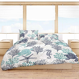 Lsrtoss Teal Blue Coastal Queen Duvet Cover Set for All Season, Sea Turtle Nautical Coral Summer Beach Microfiber 3 Piece Bedding Set with 2 Pillowcases & 1 Quilt Cover, 90" W x 92" L, Queen Size