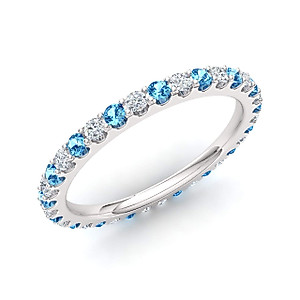 Diamondere Natural and Certified Blue Topaz and Diamond Wedding Ring in 10K White Gold | 0.94 Carat Full Eternity Stackable Band for Women, US Size 6