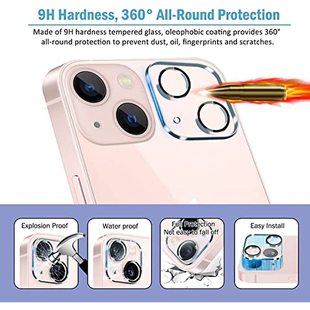 QHOHQ [3 Pack Tempered Glass Camera Lens Protector for iPhone 14/13 [6.1 Inch]/14 Plus 6.7"/13 Mini 5.4 Inch, Ultra HD, 9H Hardness, Scratch Resistant, with [Removal Tool] [Support night shooting]
