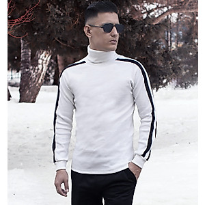 URBAN BUCK Men Turtleneck Long Sleeve Striped Shirt Ribbed Knitted White Turtle Neck Kosco Pullover Sweater (M)