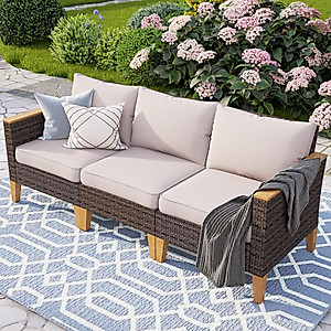 PHI VILLA Oversized 3-Seater Patio Couch Outdoor Wicker Patio Furniture Sofa Set for 3 People Conversation Rattan Sofa Set Outdoor Garden