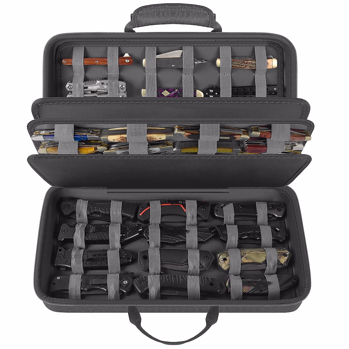 Knife Display Case for 64+ Pocket Knives, Butterfly Knife Storage Box, Folding Knives Organizer Holder, Knives Collection Organized Carrier for Survival, Tactical, Outdoor, EDC Mini Knife - Grey
