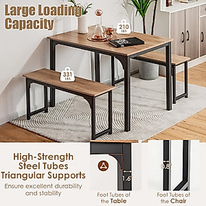 NAFORT 3-Piece Dining Table Set for 4, 43.5" Modern Kitchen Table Set w/2 Benches & Metal Frame, Space Saving Dining Room Table Set with MDF Wood Board, Ideal for Home, Restaurant, etc.