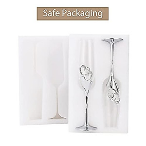Wedding Champagne Glass Set Silver Toasting Flute Glasses Pack of 2 with Rhinestone Rimmed Hearts Decoration for Wedding, Anniversary and Special Occasions