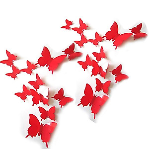 24Pcs 3D Butterfly Removable Mural Stickers Wall Stickers Decal for Kids Girls Baby Women Bedroom Bathroom Living Room Decor(red)
