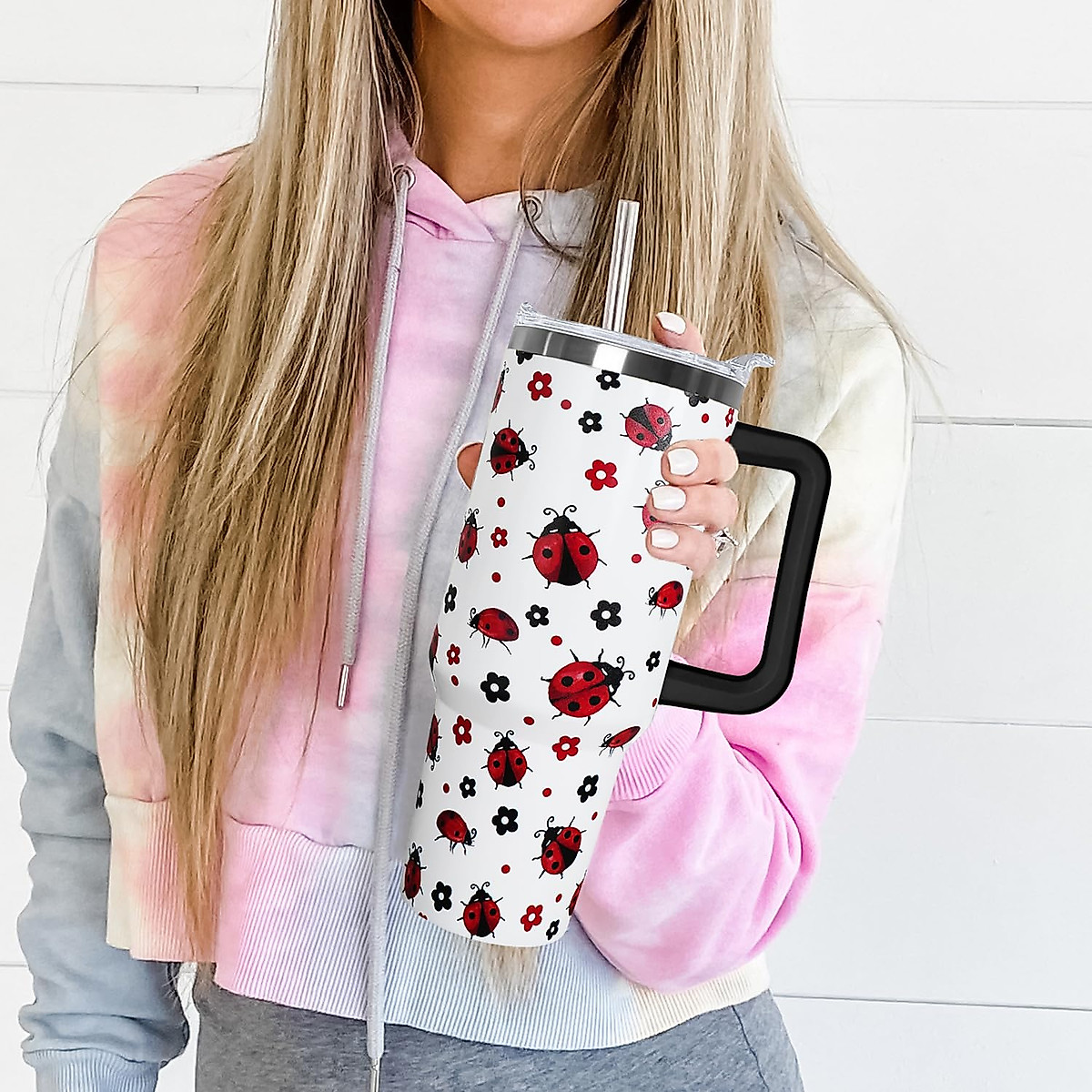 wmvhdiw 30 Oz Ladybug Tumbler With Handle,Ladybug Coffee Travel Mug Cup Water Bottle,Ladybug Decor,Ladybug Gifts for Women