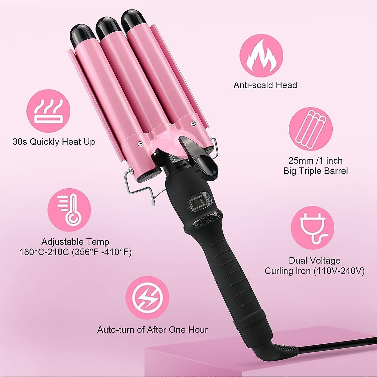 3 Barrel Curling Iron Hair Crimper: Aleath Dual Voltage Three Barrels Hair Waver - 1 inch Curler Wand