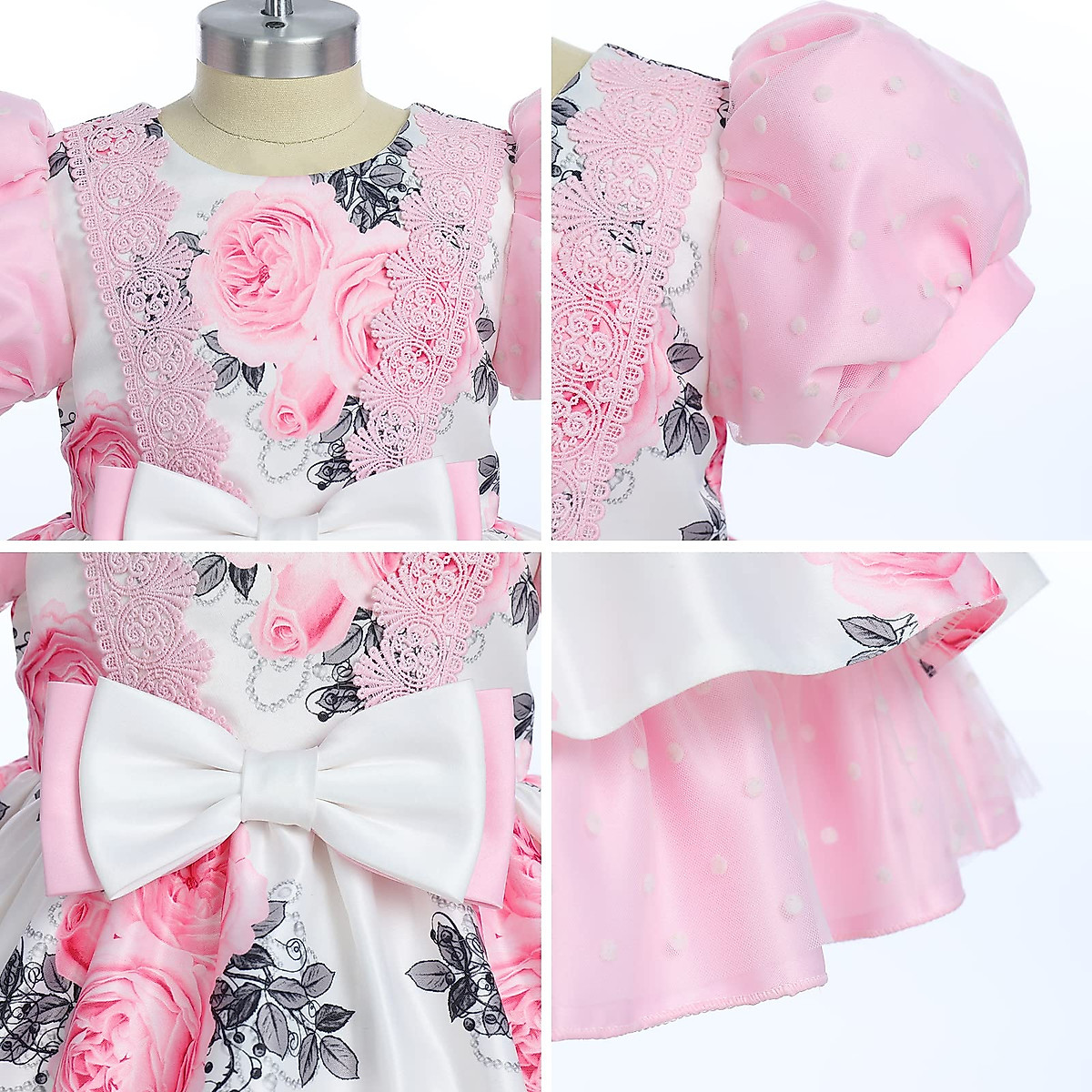 Baby Girl First Birthday Party Dress Headband Outfit Toddler Kids Flower Printed Short Sleeve Bowknot A-line Knee Length Lace Tutu Princess Dress for Pageant Wedding Bridesmaid Formal Pink 18-24M