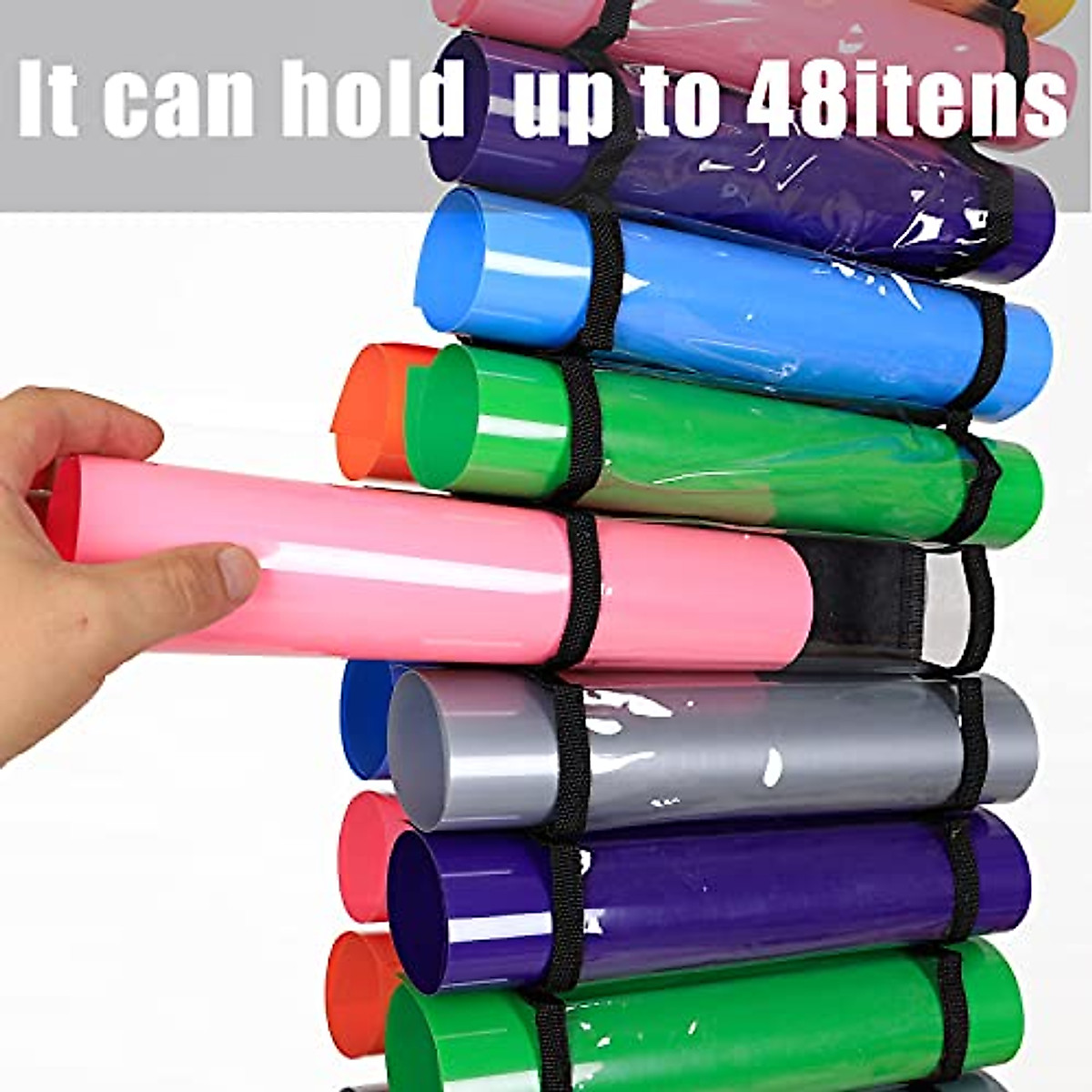 Vinyl Holder, Vinyl Roll Holder, Vinyl Storage Organizer Wall Mount/Over The Door, Craft Vinyl Storage Rack,Vinyl Roll Storage Rack,Hanging Organizer Storage with 48 Roll Compartments (Black)