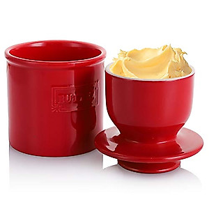 AVLA 2 Pack Ceramic Butter Crock, French Butter Dish with Water Line, Butter Keeper Butter Container for Countertop, Big Capacity, Red