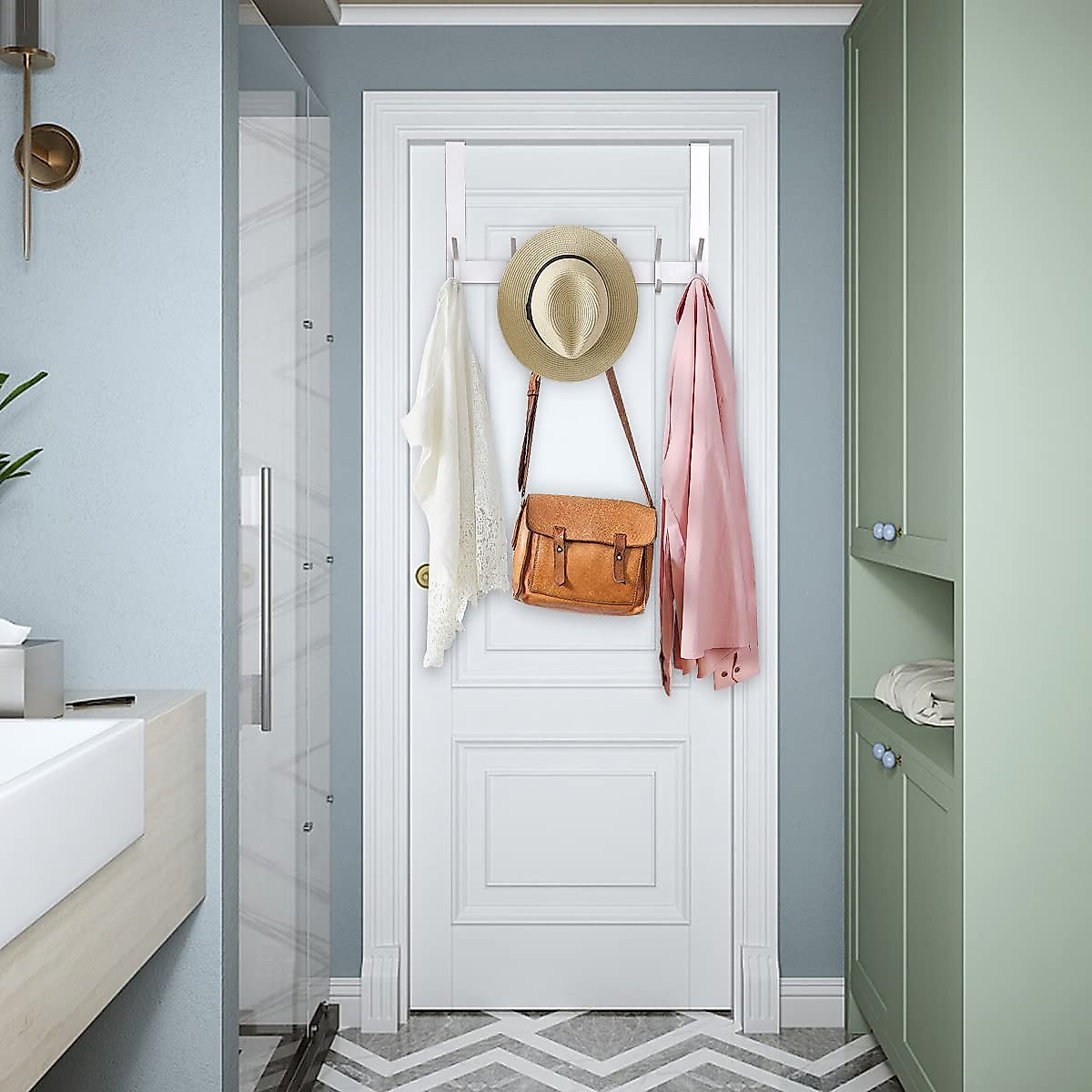 YUMORE Over The Door Hooks, Heavy Duty Over Door Hanger Stainless Steel for Coats Robes, Hanging Towel Rack Back of Bathroom Bedroom Door, Long Arms Easy Reach, White