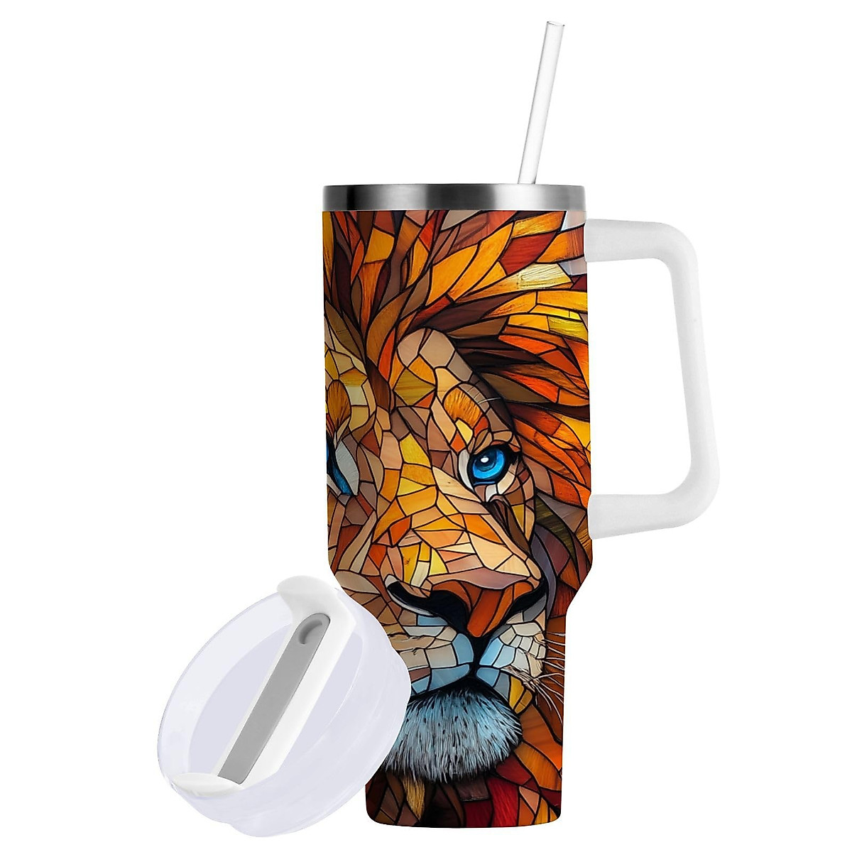 Slewiaeky Cartoon Lion Spring 40 oz Tumbler with Handle Straw and Lid Wild Stainless Steel Vacuum Insulated Reusable Water Bottle Glasses Travel Mug Thermal Cup for Home Office Car