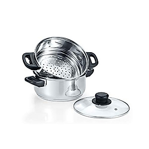 CONCORD 3 Quart Stainless Steel 3 Piece Steamer Cookware Set. Features 2 Quart Veggie Steamer and 3 Quart Cooking Pot with tempered glass lid. (INDUCTION COMPATIBLE)