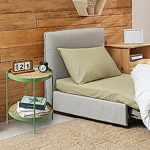 danpinera Metal Side Table, Imitation Rattan Green End Table with 2 Tier Removable Tray, Round Table for Small Spaces, Small Tables for Living Room 20.47 Inch x 16.54 Inch