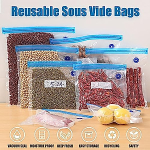 Sous Vide Bags,20pcs Reusable Vacuum Sealer Bags Kit,15 Mixed Sizes BPA Free Zipper Bags for Food,4 Sealing Clips,1 Hand Pump for Food Storage and Sous Vide Cooking