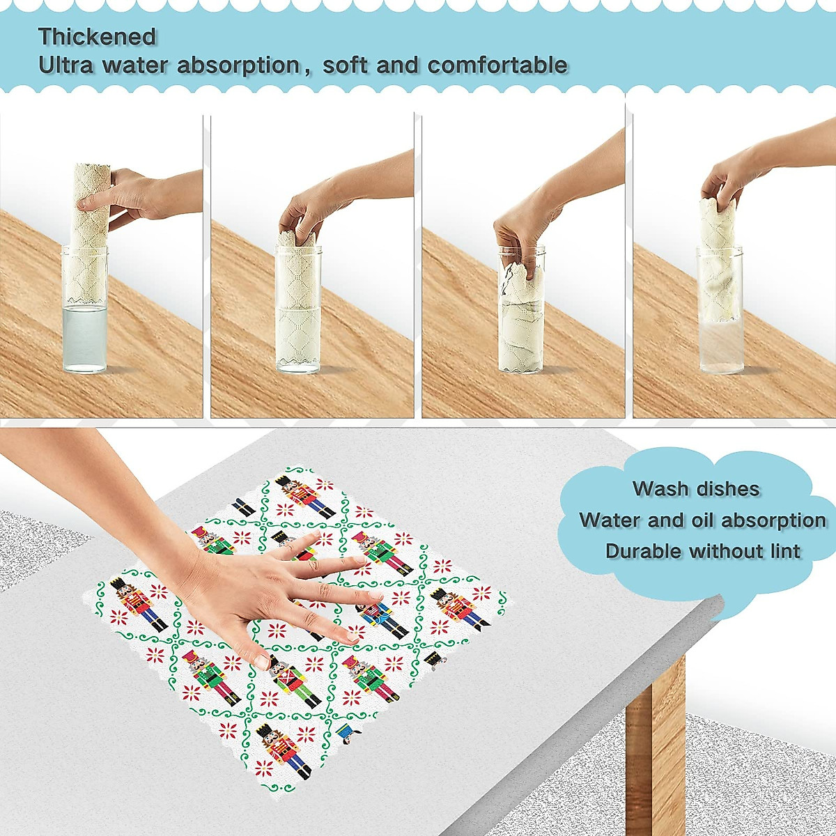 VIGTRO Christmas Winter Nutcrackers Kitchen Towels Super Absorbent,Premium Xmas Soldier Dish Cloths Towels,Washable Fast Drying Winter Dish Rags Reusable Cleaning Cloth 11x11 6 Pack