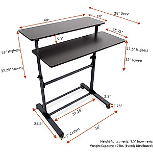 Stand Steady Tranzendesk | Height Adjustable Teacher Desk on Wheels | Mobile Standing Desk with Shelf | Two Level Portable Workstation | Stand Up Desk for Presentations (Black/40x28in)