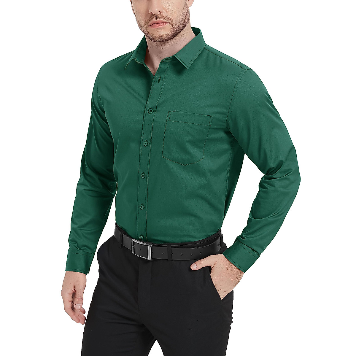 MAGCOMSEN Men's Dress Shirts Long Sleeve Button Up Shirt with Pocket Fitted Formal Business Wear Solid Cotton Fashion Shirts Dark Green, L