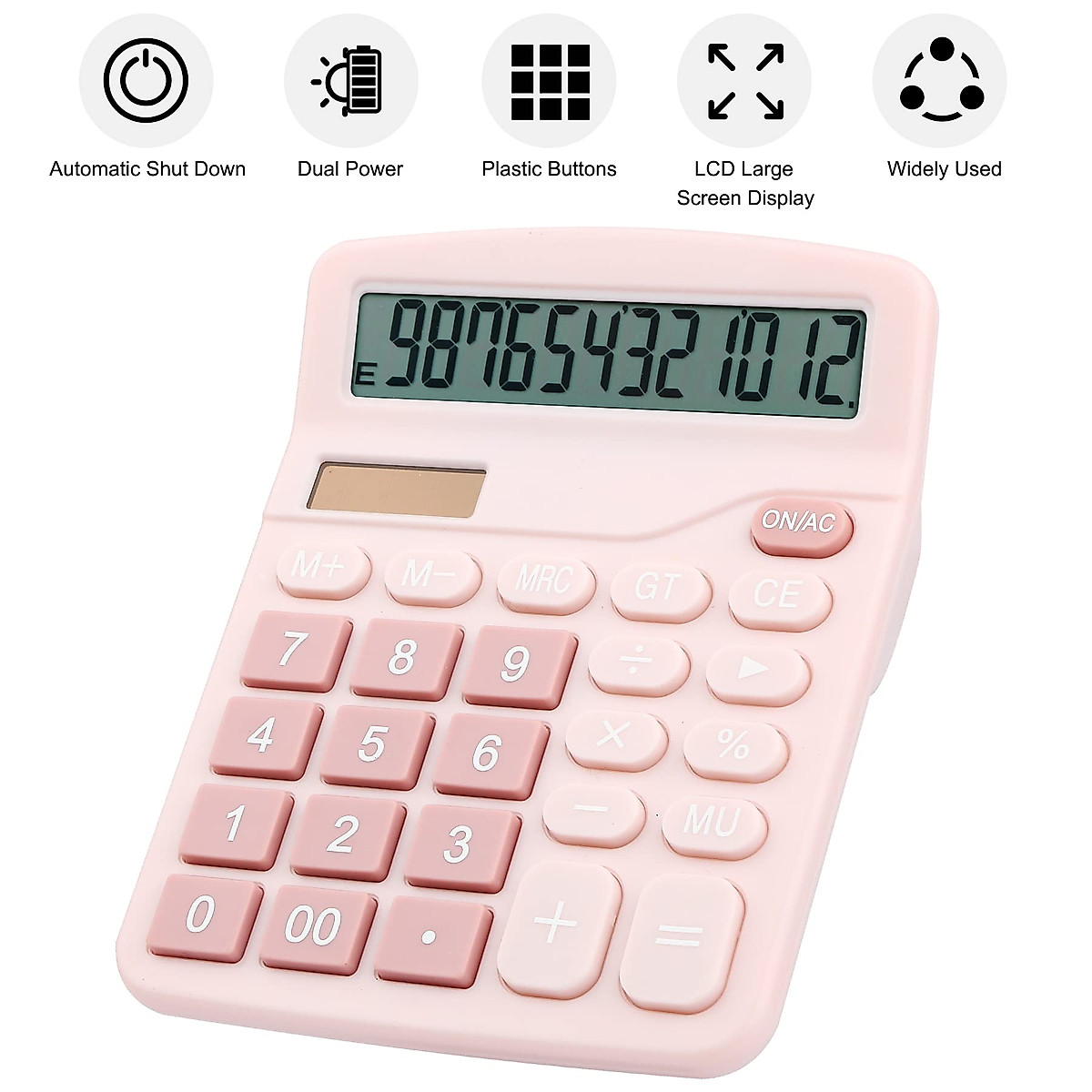 Desk Calculator, Envysun Compact 12-Digit Solar Battery Office Electronic Calculator with LCD Display, Dual Power Desktop Scientific Calculators (Cal-Pink-US)