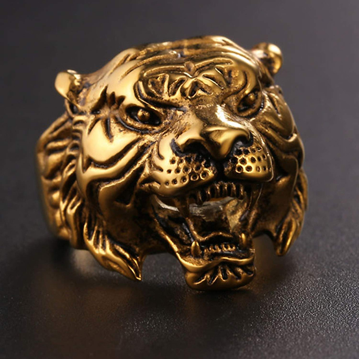 U7 Men's Punk Animal Signet Ring 18K Gold Plated Vintage Enamel Black Retro Tiger Head Ring -Size 13