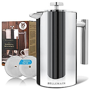 Bellemain French Press Coffee Maker Extra Filters Included, 35 oz, Stainless Steel
