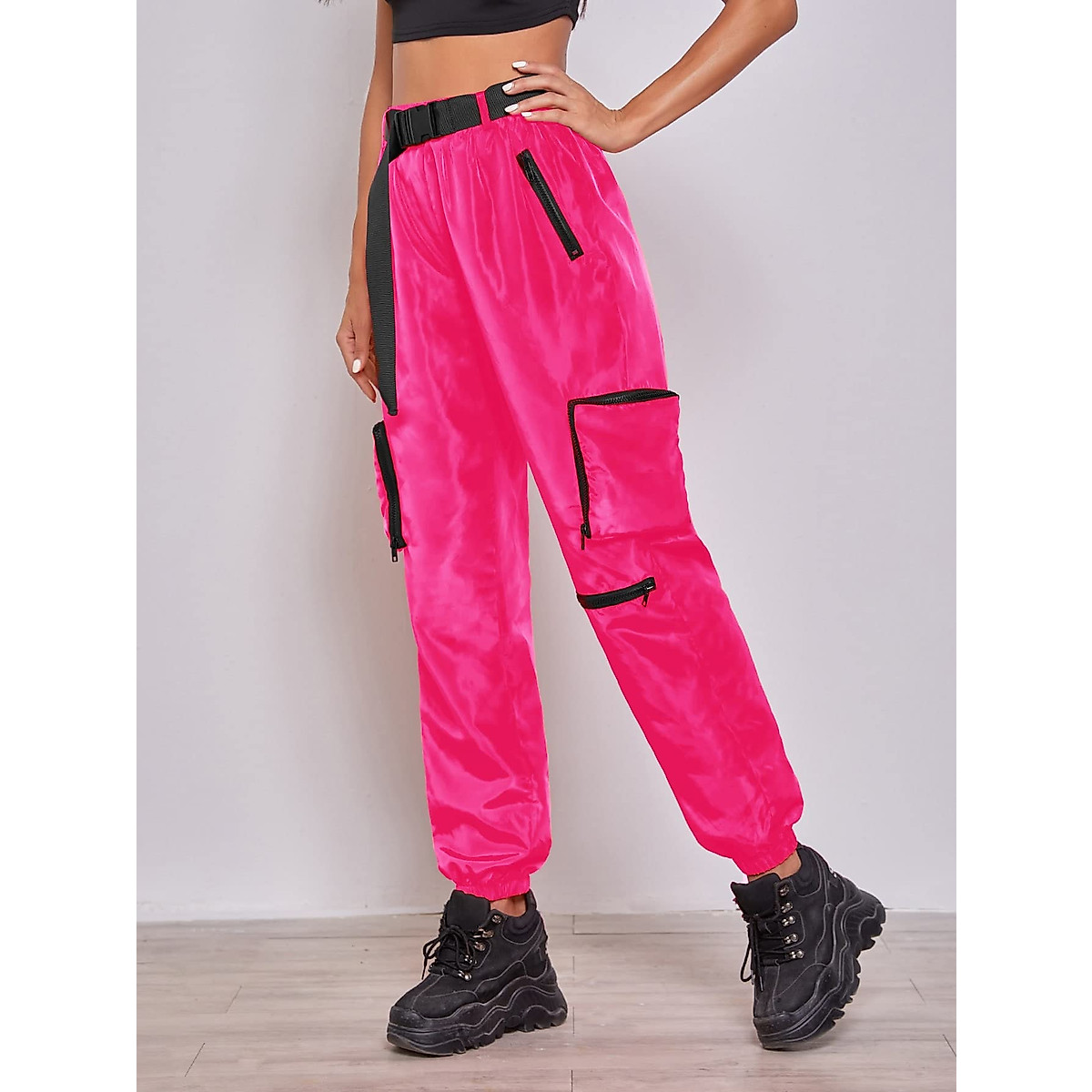 MakeMeChic Women's Casual Plain Mid Waist Utility Cargo Pants Jogger Pants with Belt Hot Pink XL