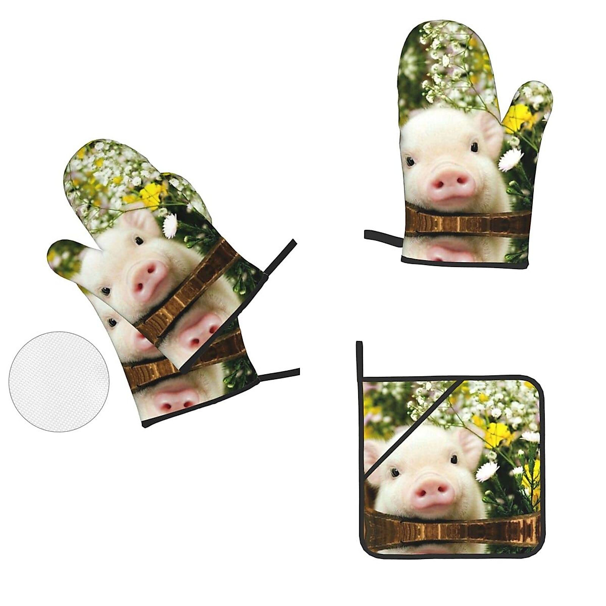 Rape Flower Pig Extra Long Oven Gloves and Hot Pads Set 4pcs for Cooking and Baking with Pockets