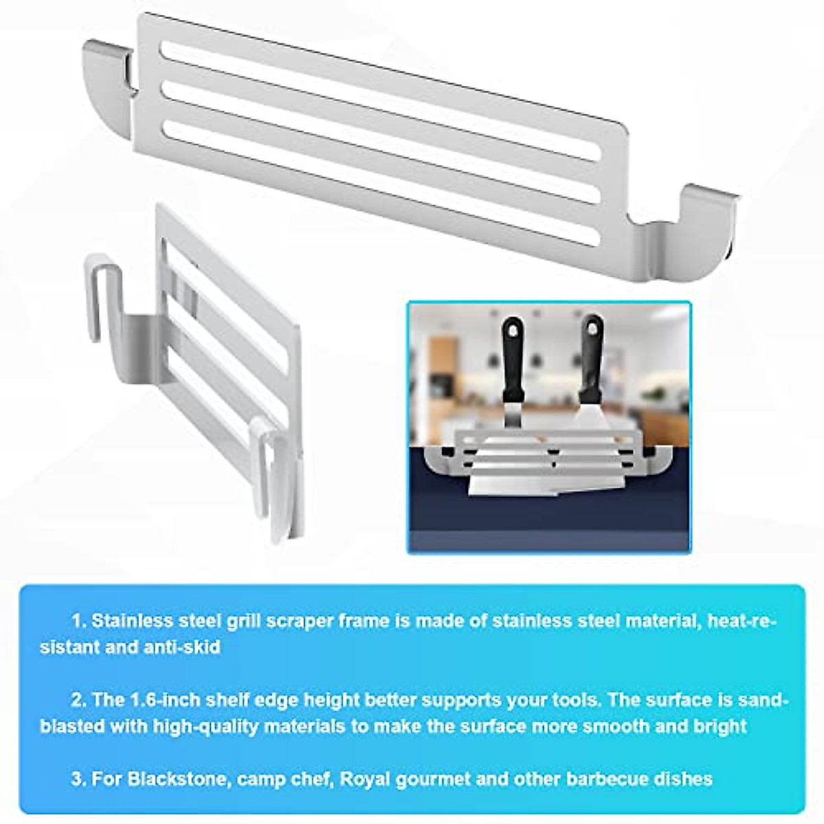 2pcs Spatula Holder for Blackstone Griddle, Stainless Steel Griddle Spatula Holder Clip on Edge Silver BBQ Spatula Rack Compatible with Camp Chef Royal Gourmet and Other Griddles