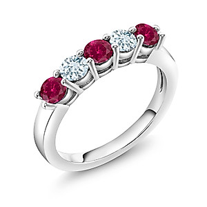 Gem Stone King 925 Sterling Silver Red Created Ruby and Sky Blue Aquamarine 5-Stone Wedding Anniversary Band Ring For Women (1.09 Cttw, Gemstone July Birthstone, Available In Size 5, 6, 7, 8, 9)
