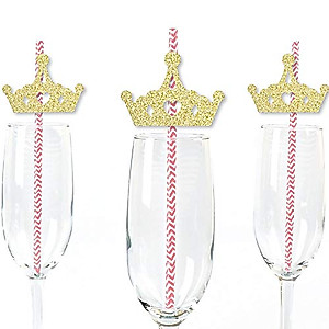 Gold Glitter Princess Crown Party Straws - No-Mess Real Gold Glitter Cut-Outs and Decorative Pink and Gold Princess Baby Shower or Birthday Party Paper Straws - Set of 24