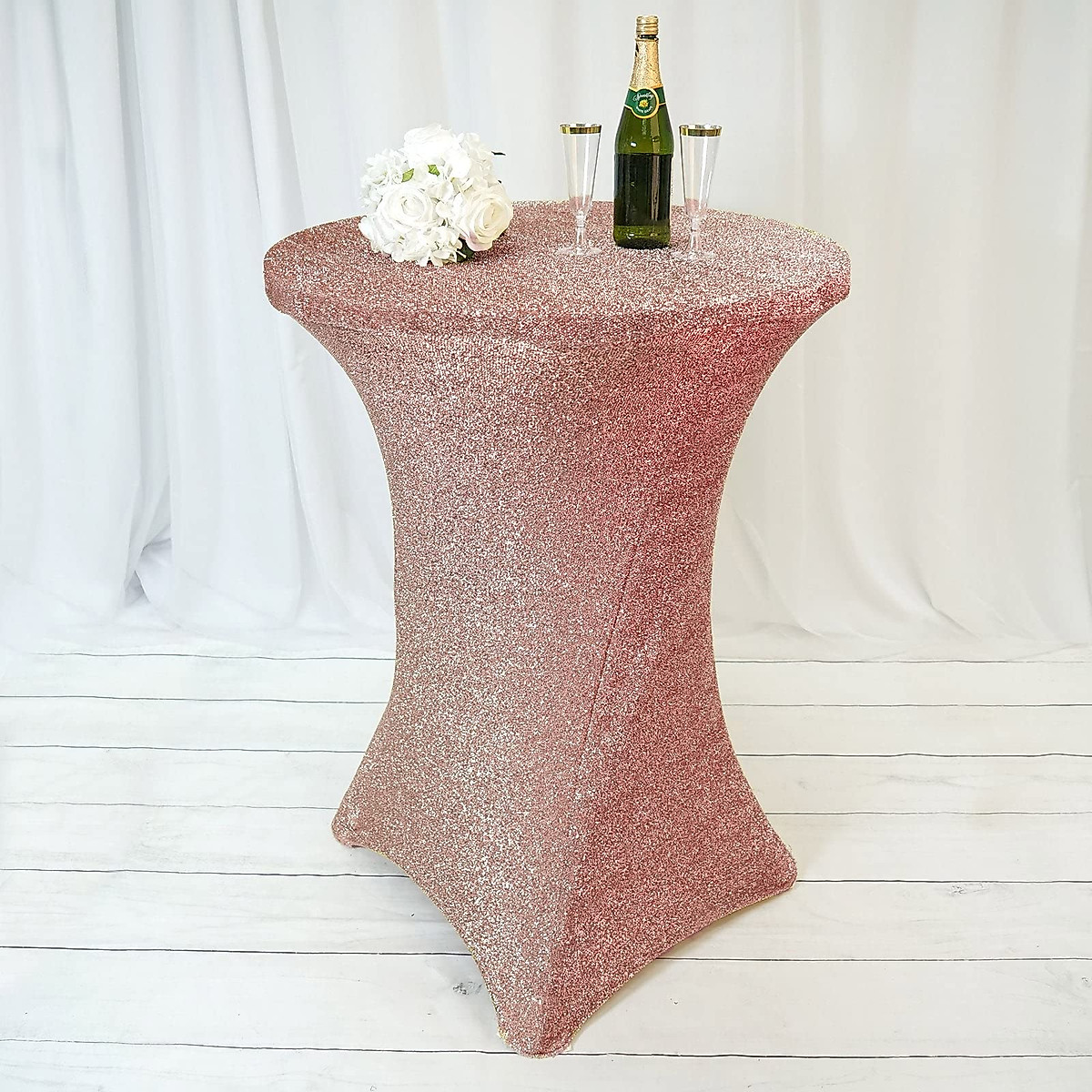 TABLECLOTHSFACTORY Rose Gold Wholesale Stretchy Spandex Tablecover Glitz Tablecloth for Cocktail Table Wedding Restaurant Tablecloth