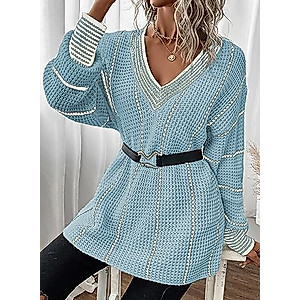 Dokotoo Womens Winter Sweaters 2023 Striped Long Jumper Tops Fashion Color Block V Neck Oversized Sweaters for Women Sky Blue Small