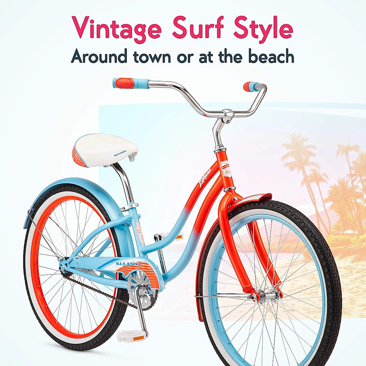 Kulana Lakona Shore Beach Cruiser Bike, 24-Inch Wheels, Single Speed, Blue/Coral (R1751AZ)