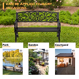 PayLessHere Black Outdoor Metal Loveseat Chairs Patio Garden Bench 50-inch Slatted Seat Armrests Floral Design Backres Perfect for Park, Yard, Porch, Lawn, Balcony, Backyard