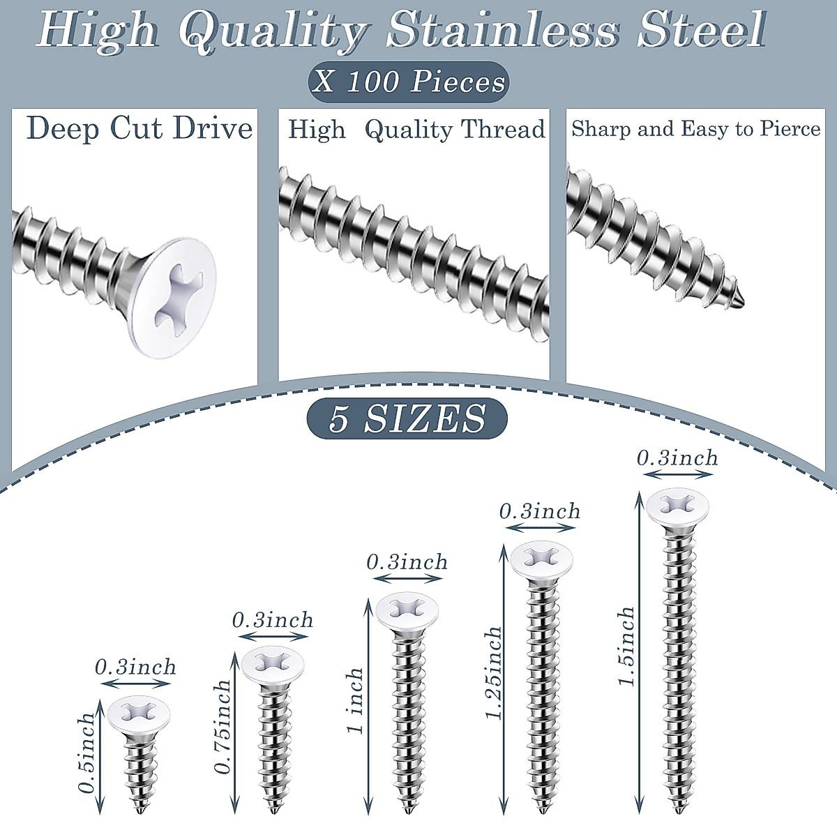 100 Pcs 5 Size #8 White Screws White Head Screws White Coated Screws Covers Head Wood Screws Wall Plate Screws Stainless Steel Screw Self Tapping Screw for Switches Cover (0.5/0.75/1/1.25/1.5 Inch)