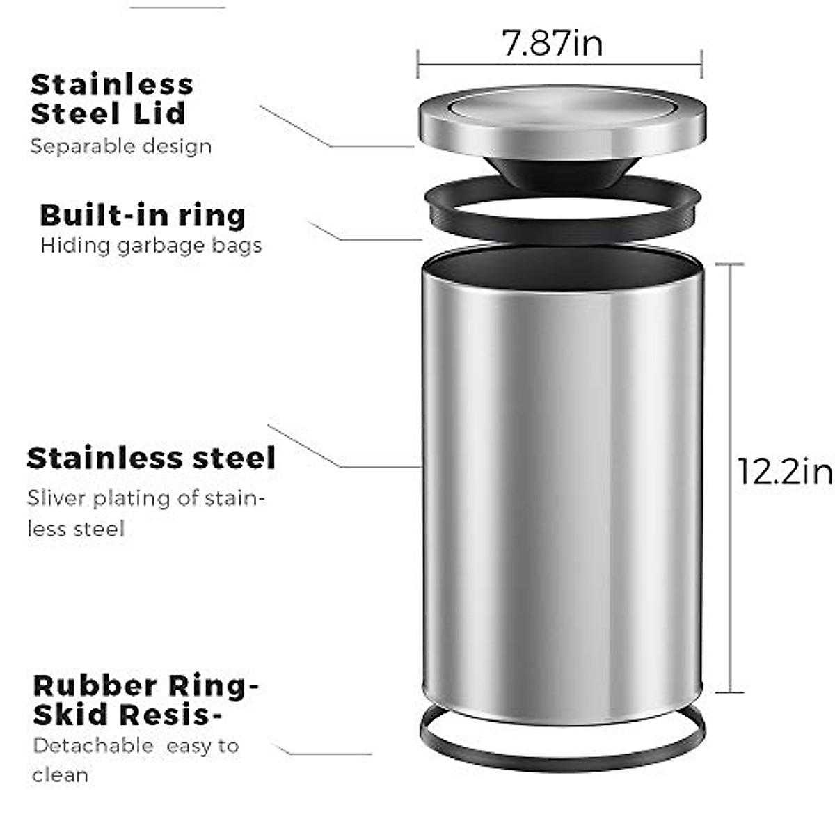 Trash Can with Flipping Lid, 9 L,Trash can with lid，Stainless Steel Trash can,Bathroom Garbage can.Bathroom.Kitchen. Metallic Sliver