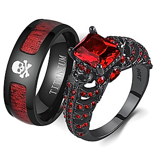 Ringcrown Couple Rings Matching Ring Black Skull Ring Red CZ Womens Wedding Ring Punk Ring